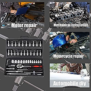 Sutlumisi 46Pcs Drive Socket Ratchet Wrench Set, 1/4 inch Metric Hex Socket Set & Bit Socket Set & Extension Bars, Car Tools Kit for Automotive Repair & Household