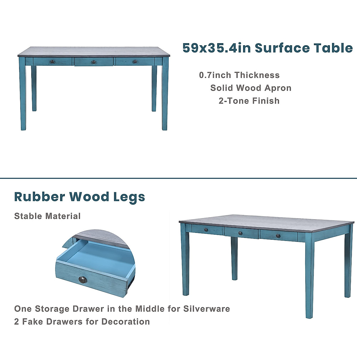 Merax Mid-Century 6-Piece Wood Dining Table Set with Drawer, 4 Upholstered Chairs and Bench, Antique Blue