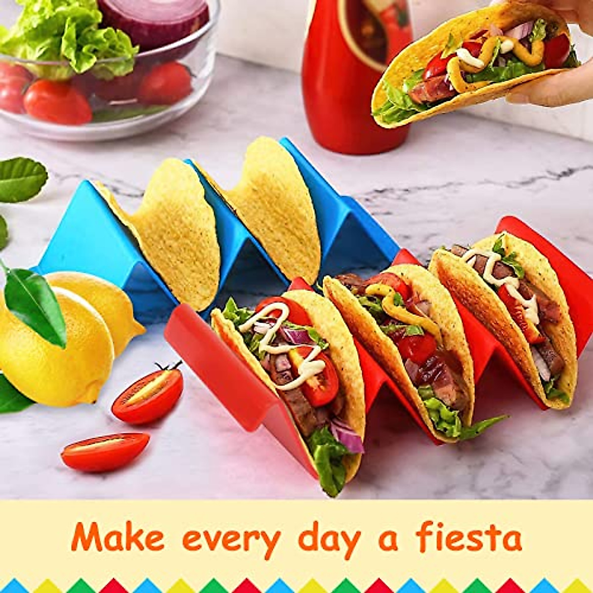 NDGDV Taco Holder Stand Set of 4, Premium Taco Rack Tray Holds Up to 3 or 2 Tacos Each, PP Health Material, Colorful Taco Holder Plate, Dishwasher & Microwave Safe