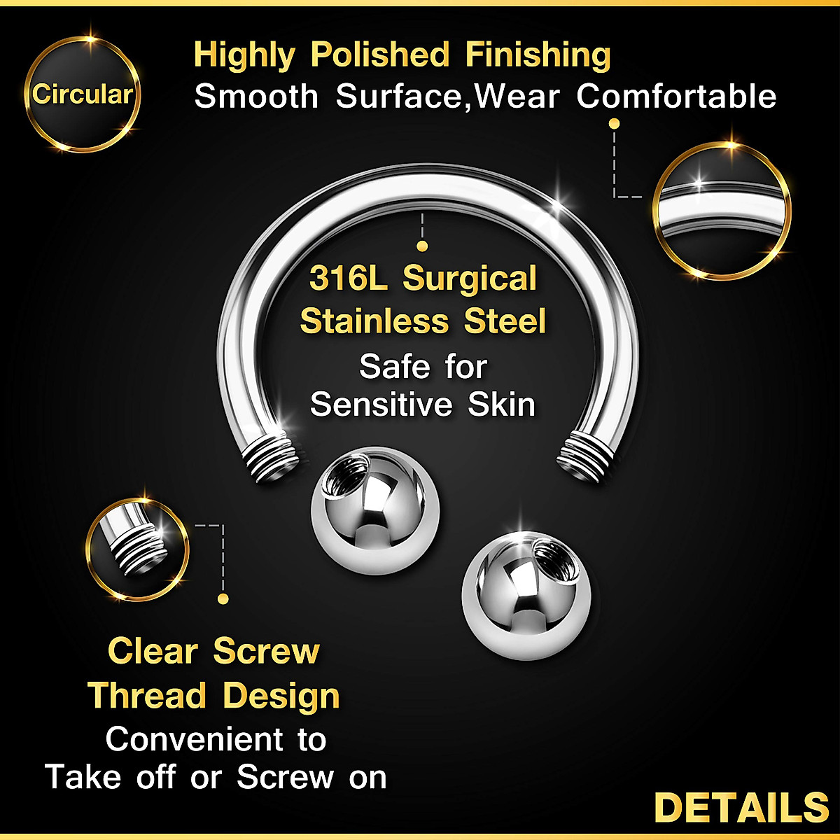 KJM FASHION 4PCS Surgical Steel Horseshoe Ring 16g 1.2mm 7/16 11mm 3mm Ball Septum Nose Tragus Eyebrow Earrings Lip Piercing Jewelry 7545