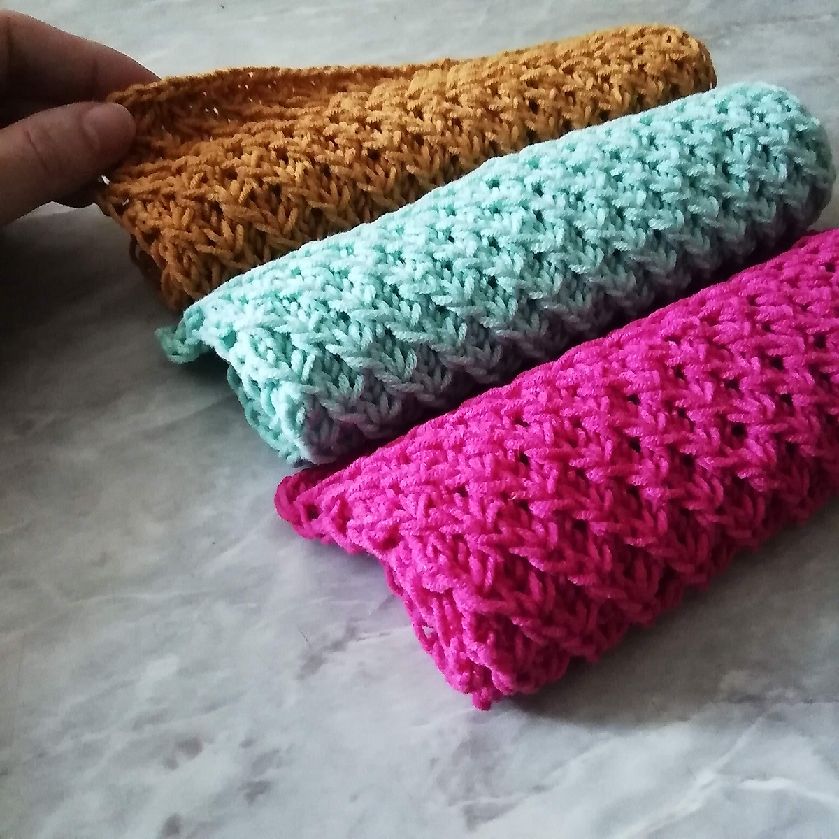 Set 3 Dishcloths Scowing Rag Towels Hand Knitted Cotton Coasters Drink Absorbent Hot Pads Mats Home Kitchen Square Reusable Cleaning Supplies Craft Tools Zero Waste Handmade