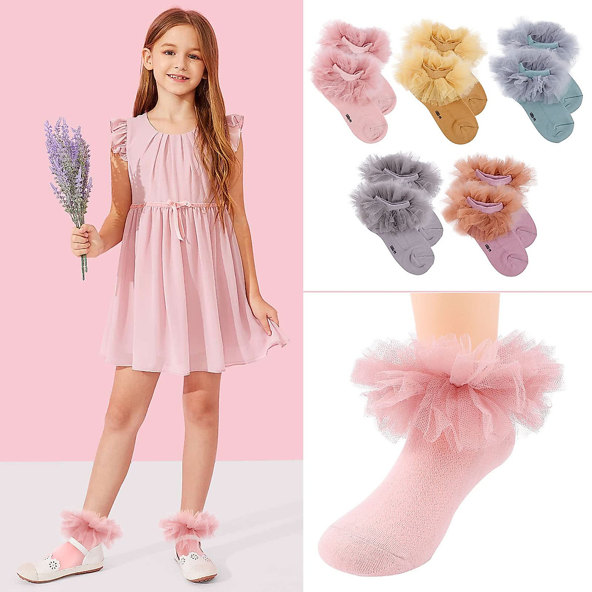 BAOPLAYKIDS 5 Pairs Girls ruffle Lace Tutu Socks Toddler Baby Triple Frilly Dressy Tulle Socks Eyelet Turn Cuff Ankle Socks for 2-7T