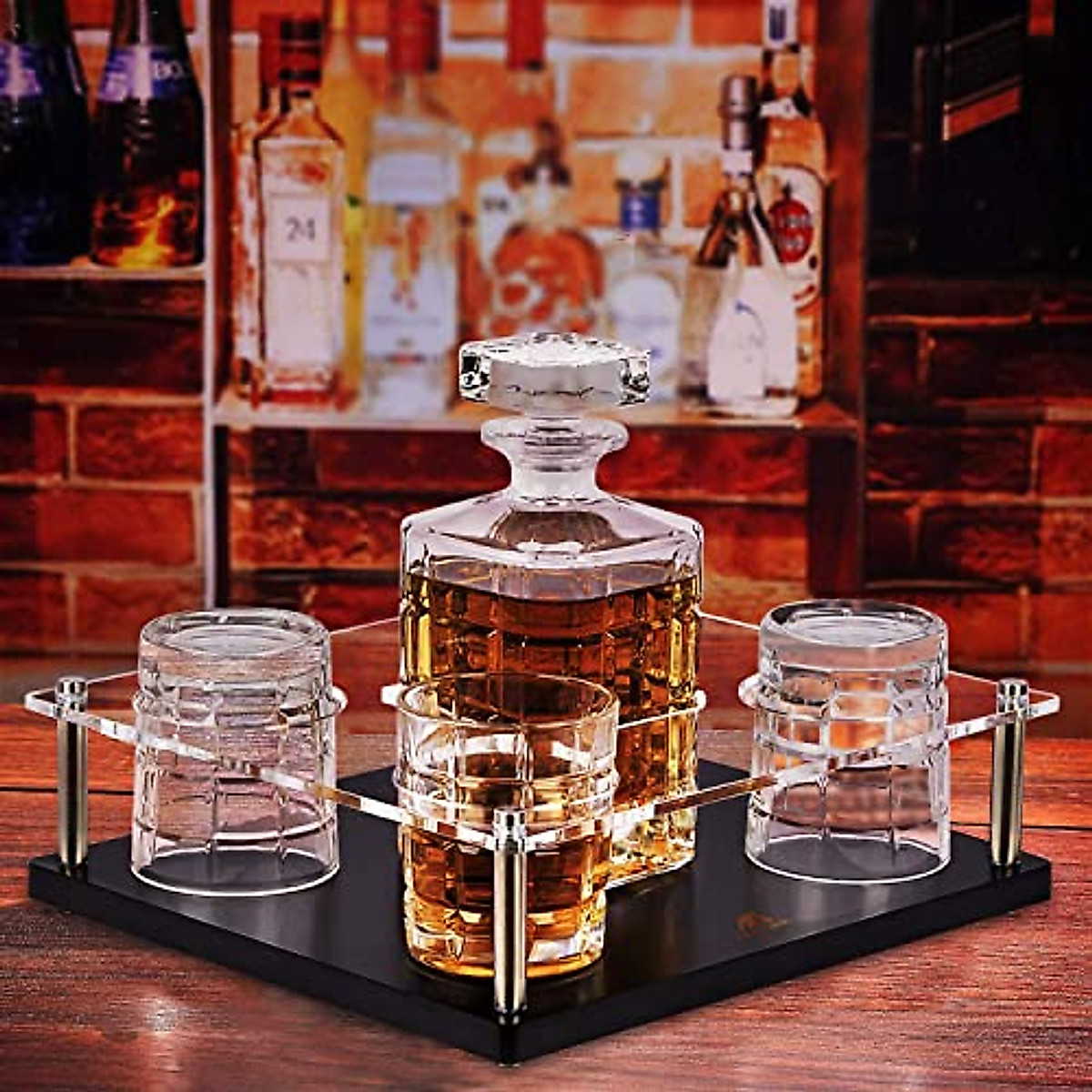 Whiskey Decanter Set With Glasses, Whiskey Glasses Set of 4 with Wooden Base,Crystal Wine Decanter for Men 750ML