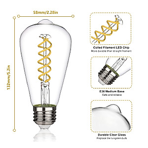 RuiAoTD ST58 (ST19) Vintage Edison LED Bulb, Daylight White 4000K, Antique Flexible Spiral LED Filament Light Bulb, 600LM Dimmable, 6W Equivalent to 60W, CRI 80+, E26 Base, Clear Glass, 6 Pack