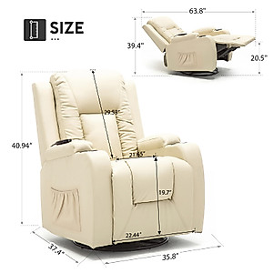COMHOMA Recliner Chair, PU Rocking Chair for Adults, Swivel Recliner with Cup Holders, Heat and Massage, Single Sofa Seat with Side Pockets for Living Room, Bedroom (White)