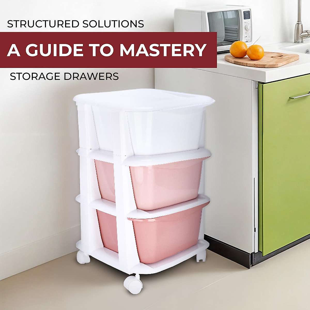 G-Rack Plastic 3 Drawer Storage with Wheels - Pink - Storage Organizer Bins with Drawers - Rolling Storage Cart with Drawers - Plastic Drawers - 21x14x14 inch