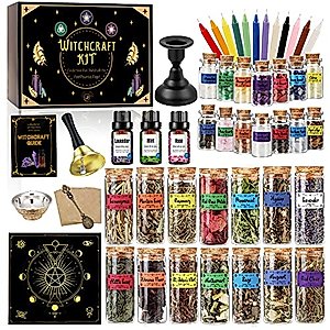 Cikuco Witchcraft Supplies Kit for Witch Spells,61PCS Witch Stuff,Wiccan Supplies and Tools,Including Herbs for Witchcraft,Crystals and Healing Stones,Spell Candles,Wiccan Starter Kit