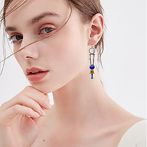 KaFu Handmade Retro Bohemian Geometry Long Earrings circle with triangle Links Turquoise Silver Dangle Drop Earrings for Women Jewellery Gifts (Style-1)