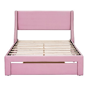 Anwickhomk Queen Size Fabric Upholstered Platform Bed Frame, Modern Upholstered Platform Bed with Headboard, with Big Storage Drawer,Heavy Duty Bed Frame with Wood Slat Support, Pink