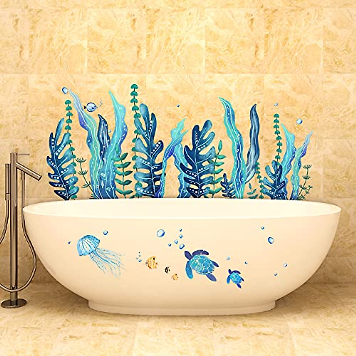 5 Sheets 3D Under The Sea Seaweed Wall Decals Sea Turtles Wall Stickers Ocean Grass Jellyfish Fish Removable Vinyl Wall Sticker for Kids Baby Bedroom Bathroom Living Room Wall Decor (Classic Style)