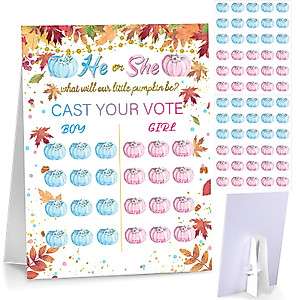 Poen Thanksgiving Gender Reveal Board with Stand What Will Our Little Pumpkin Be Maple Leaf Gender Reveal Game with 60 Pcs Fall Pumpkin Voting Stickers for Cast Your Vote Guess Game Autumn Baby Shower