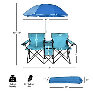 ARLIME Double Folding Beach Chairs, Outdoor Picnic Portable Loveseat Chairs with Removable Umbrella & Mini Table Carrying Bag, Camping Chair for Patio, Pool, Park (Turquoise)