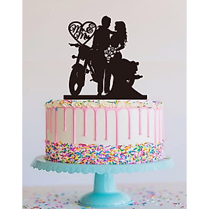 Motorcycle Wedding Cake Topper,Funny Mr & Mrs, Bride and Groom Wedding Party Decoration —Black