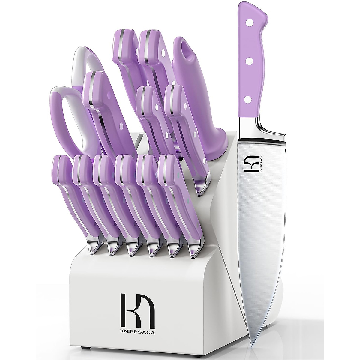 KnifeSaga Knife Block Set 15 Pcs, Kitchen Knife Set, Enduring Razor-Sharp Japanese High Carbon Stainless Steel Knife Set with Block, Purple