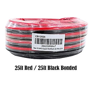 GS Power 12 AWG (American Wire Gauge) Flexible OFC Zip Cord Speaker Cable for Car Stereo Amplifier Remote Automotive Trailer Harness Hookup Wiring | 25 ft Red & 25' Black Bonded – Pure Copper
