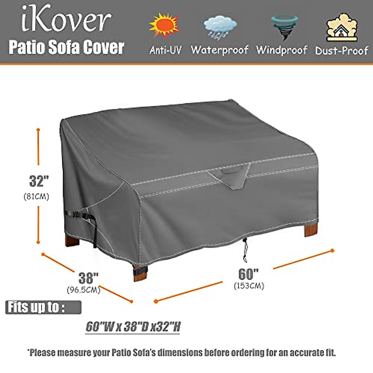 Patio Loveseat Cover, Heavy Duty Patio Furniture Covers, Waterproof Outdoor Sofa Cover, Provide a Great Fit and All-Weather Protection, (Grey,60 Inch)