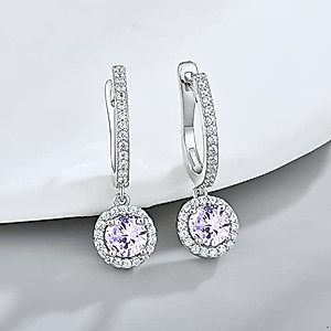 Romieka Earrings Round Birthstone Dangle Earrings 925 Sterling Silver with 14K White Gold Plated Cut June Birthstone Alexandrite Fine Jewelry For Women/Girls Gifts For Her