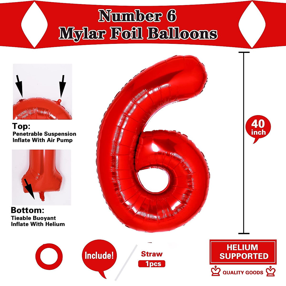 40 Inch Red Number 6 Balloon Large Size Jumbo Digit 6 Mylar Foil Helium Red Balloons for 6th Birthday Party Boys Girl Celebration Decors 6 Years Old Anniversary Photo Shoot for Kids Gift Bridal Shower