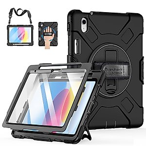 Case for iPad 10th Generation 2022: Military Grade Silicone Protective Cover for iPad 10th Gen 10.9 Inch W/Screen Protector- 360° Rotatable Stand- Shoulder Strap- Handle Pencil Holder Black