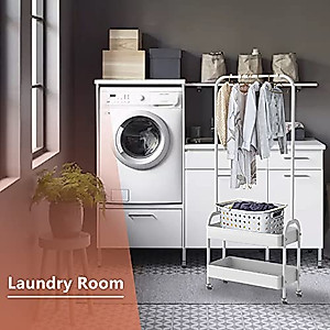 HIDODO White Clothing Rack, Portable Garment Rack Rolling Clothes Organizer with 2 Tier Metal Baskets, Laundry Cart with Hanging Rack, Small Wardrobe Rack on Wheels for Bedroom, Laundry and Entryway