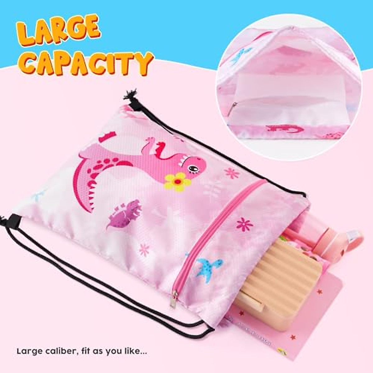 WAWSAM Dinosaur Drawstring Backpack - 13" x 18" Sports Gym Bag Waterproof Beach Swimming Travel Sackpack Birthday Christmas Gift with Zippered Pocket