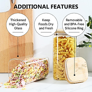 40oz Glass Food Storage Jars with Bamboo Lids, Clear Square Airtight Kitchen Storage Container Sets, Stackable Glass Pantry Food Canisters for kitchen Counter, Candy, Cookie, Rice, Cereal (Set of 4)