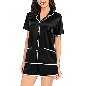 SWOMOG Silk Pajamas for Women Satin Sleepwear Short Sleeve Sleep Shirt with Shorts Soft Loungewear Pjs Set Black
