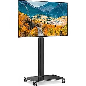 FITUEYES Mobile TV Stand with Wheels for 32-60 65Inch TV Screen, Rolling TV Floor Stand with Mount, TV Cart with Black Tempered Glass Base & Wire Management, Holds 66 lbs