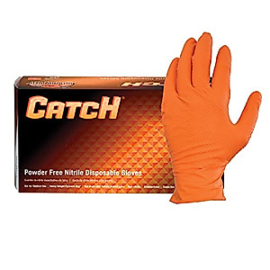 Adenna CAT455 Catch 9 mil Powder-Free Nitrile Gloves, Raised Grip, Orange, Medium, Box of 100