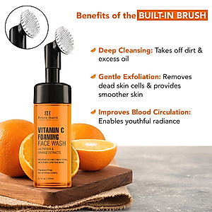 Botanic Hearth Vitamin C Foaming Face Wash with Papaya & Orange | Extracts Built-In Silicone Brush | Cleansing & Glowing Skin | Paraben & Sulphate Free | Face Cleanser for Women & Men | 5.1 fl oz