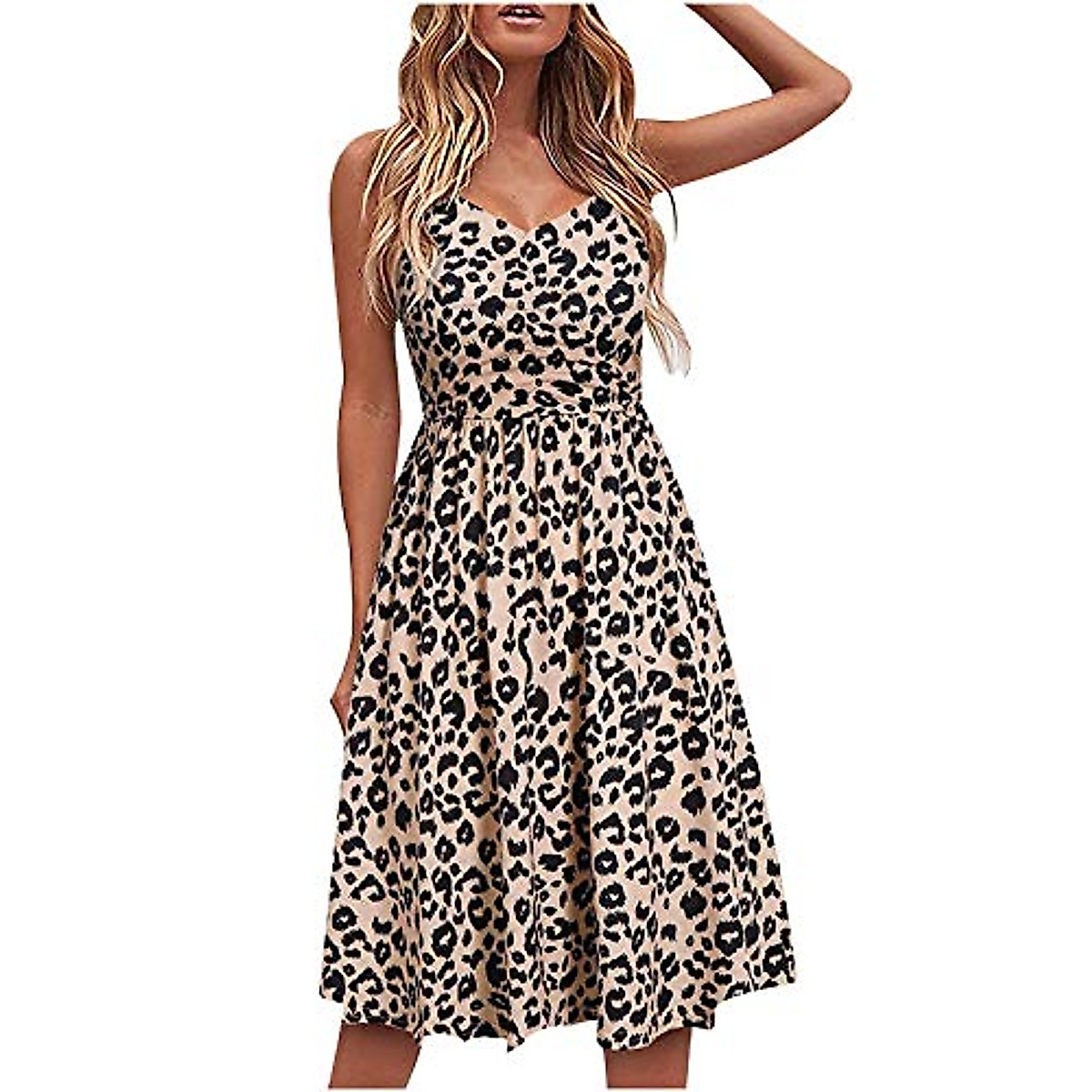 wodcke Women's 2021 Boho Plus Size Dress With Tight Belt Retro Print Sleeveless Sling Beach Dress Loose Maternity Dress (Brown, XL)