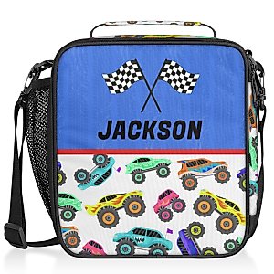 OMFUNS Racing Car Custom Name Reusable Lunch Bag for Kids Boys Teen, Colorful Truck Personalized Insulated Lunch Box Thermal Cooler Customized Lunch Tote Bag for School Picnic