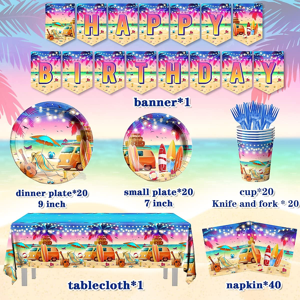 142pcs Sunset Beach Summer Tableware Set Beach Theme Party Decorations Palm Leaves Tropical Beach Banner,Tablecloth,Cups,Plates Napkins,Forks and Knives for Hawaiian Party,Swimming Pool Party,Birthday