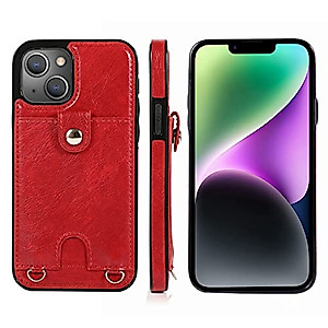 Jaorty Phone Case for iPhone 14 Plus with Card Holder for Women Men,iPhone 14 Plus Crossbody Cases with Strap Lanyard for Girl,PU Leather Anti-Lost Strap Case for iPhone 14 Plus 6.7",Red