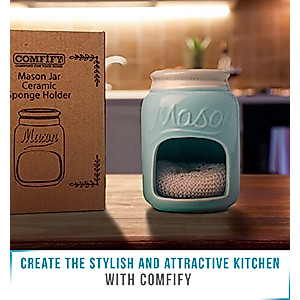 Ceramic Kitchen Sponge Holder Sink Caddy – Kitchen Décor And Accessories Farmhouse Style - Country Kitchen Sink Décor Rustic – Mason Jar Décor Sponge Holder – Scrubby Holder - Aqua Blue/Teal