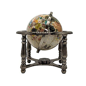 Unique Art 10-Inch Tall Pearl Swirl Ocean Gemstone World Globe with 4 Leg Silver Stand,white