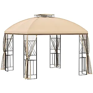 Outsunny 10' x 10' Patio Gazebo with Corner Shelves, Double Roof Outdoor Gazebo Canopy Shelter with Removable Mesh Netting, for Garden, Lawn, Backyard and Deck, Beige