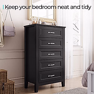 LINSY HOME Black Dresser, Black Chest of Drawers for Bedroom, 5 Drawer Dresser with Metal Handles, Tall Dresser for Nursery, Entryway, and Closet Storage
