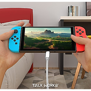 TALK WORKS Nintendo Switch Charger USB C Braided Nylon Cable Accessory - Extra Long 6' Flexible Charging Cord For Switch Lite / OLED (Silver)