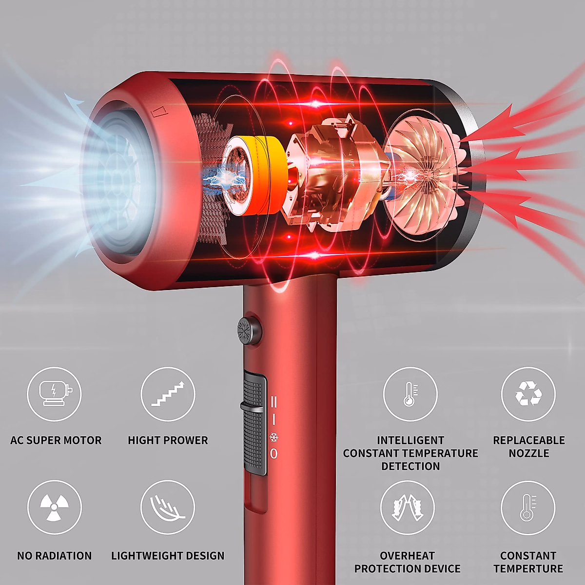 Ionic Hair Dryer, DOOAIR 1875W Blow Dryer with Diffuser and Concentrator, Professional Hair Dryer for Curly Hair, Negative Ion Technology, Constant Temperature Hair Care for Light and Quiet (Red)