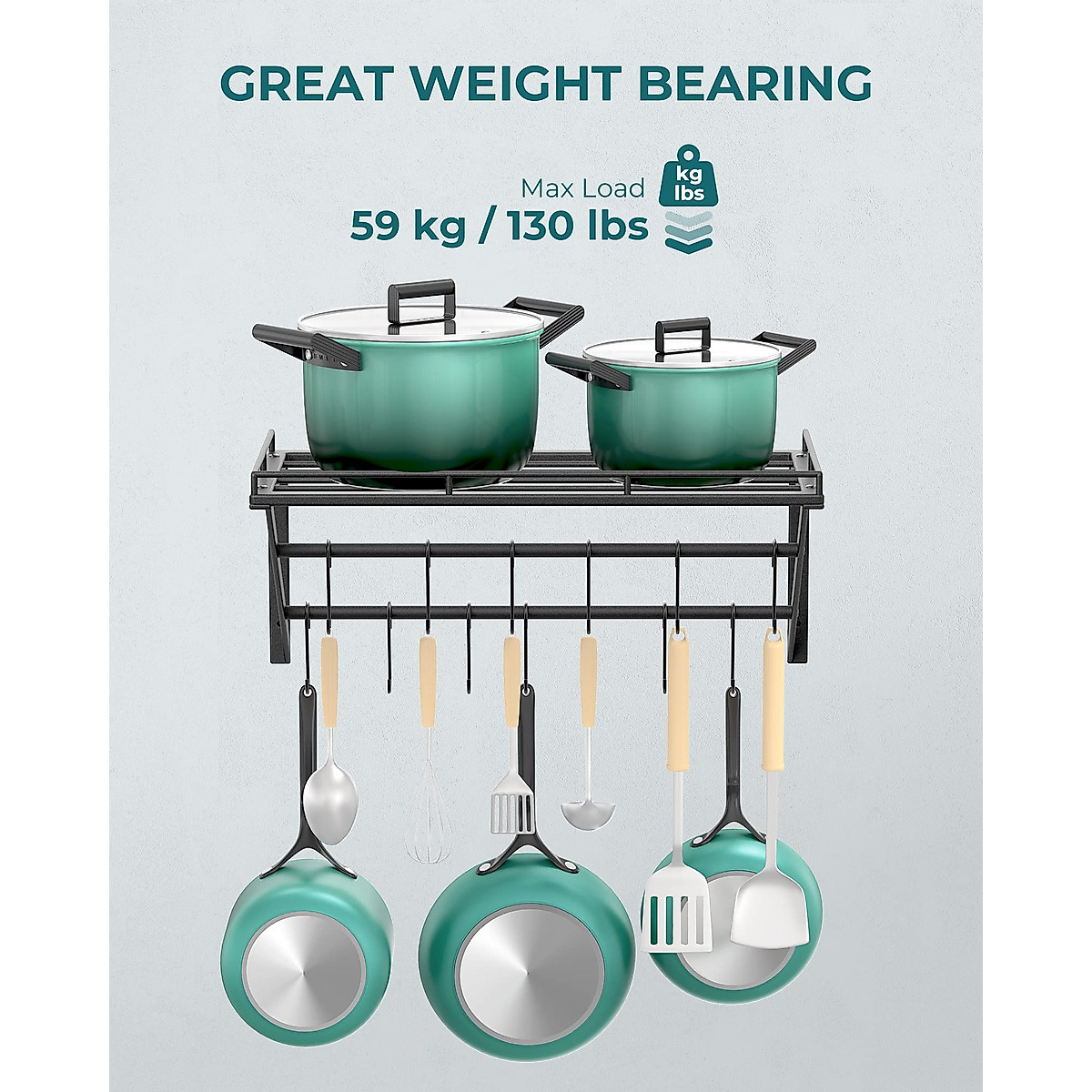 OROPY 23 Inch Wall Mounted Pot Rack Storage Shelf with 2 Tier Hanging Rails 12 S Hooks included, Ideal for Pans, Utensils, Cookware, Plant Black