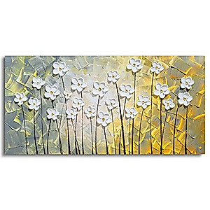 SYGALLERIER White Flower Canvas Wall Art Hand Painted Heavy Textured Paintings Yellow and White Pictures Contemporary Artwork for Living Room Bedroom Dinning Decor
