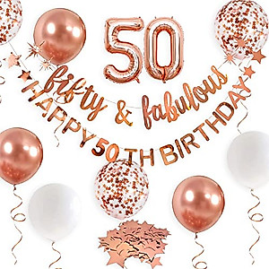 Rose Gold Fifty & Fabulous Happy 50th Birthday Banner Garland Foil Balloon 50 for Womens 50th Birthday Decorations Hanging 50 and Fabulous Cheers to 50 Years Old Birthday Party Supplies Backdrop