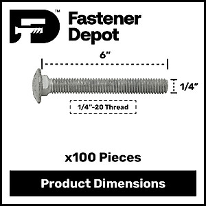 1/4"-20 x 6 Hot Dipped Galvanized Carriage Bolt, Grade A, Full Thread, Quantity 100 - by Fastener Depot, LLC