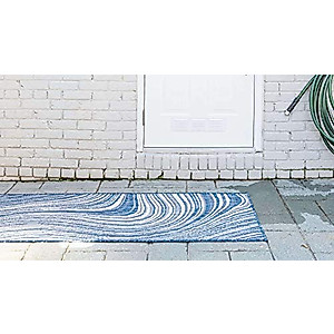 Unique Loom Outdoor Modern Collection Area Rug - Pool (2' x 6' 1" Runner, Blue/ Ivory)