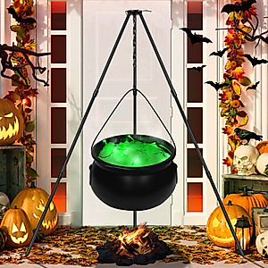 Halloween Decorations Outdoor Large Witch Cauldron, Black Plastic Bowl Decor on Tripod with Lights Halloween Cauldron Pot, Witches Cauldron Hocus Pocus Candy Bucket Decoration for Porch Home Party
