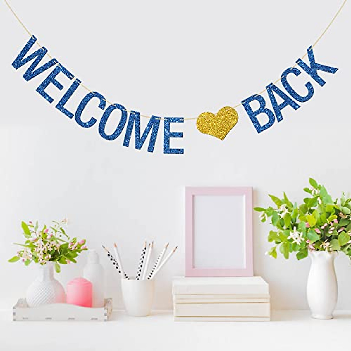 Welcome Back Banner, Welcome Home Sign Banner, Homecoming Day, Back to School, Retirement Party Decoration Bunting Supplies, Glittery Blue