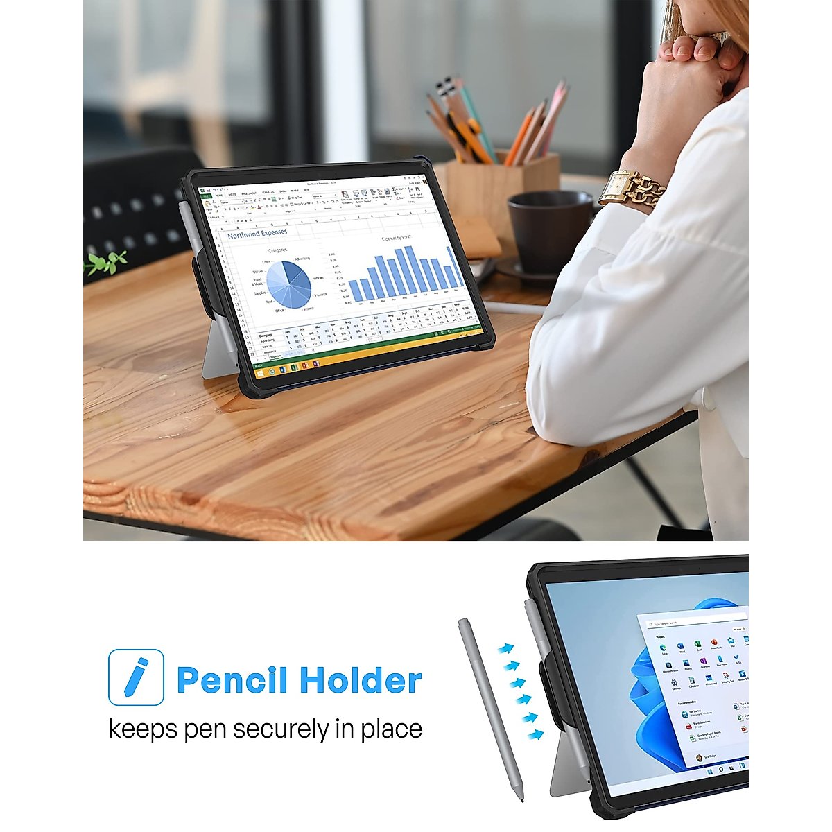 ProCase Rugged Case for Microsoft Surface Go 3 10.5" 2021 / Surface Go 2 2020 / Surface Go 2018, Shockproof Protective Cover Case with Pen Holder Hand Strap, Compatible with Type Cover Keyboard -Black