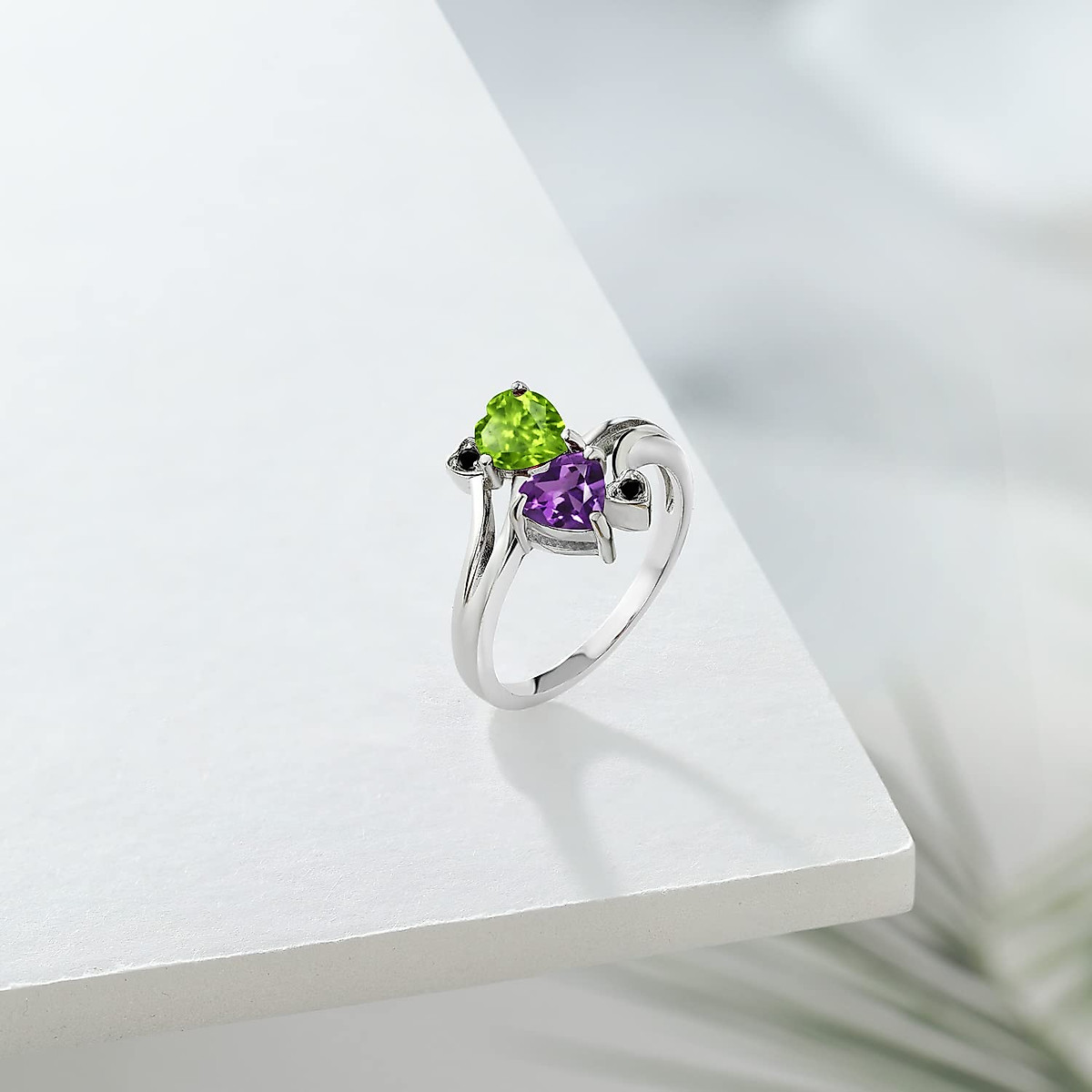 Gem Stone King 925 Sterling Silver Green Peridot Purple Amethyst and Black Diamond Ring For Women (1.51 Cttw, Heart Shape 6MM, Gemstone August Birthstone, Available In Size 5, 6, 7, 8, 9)