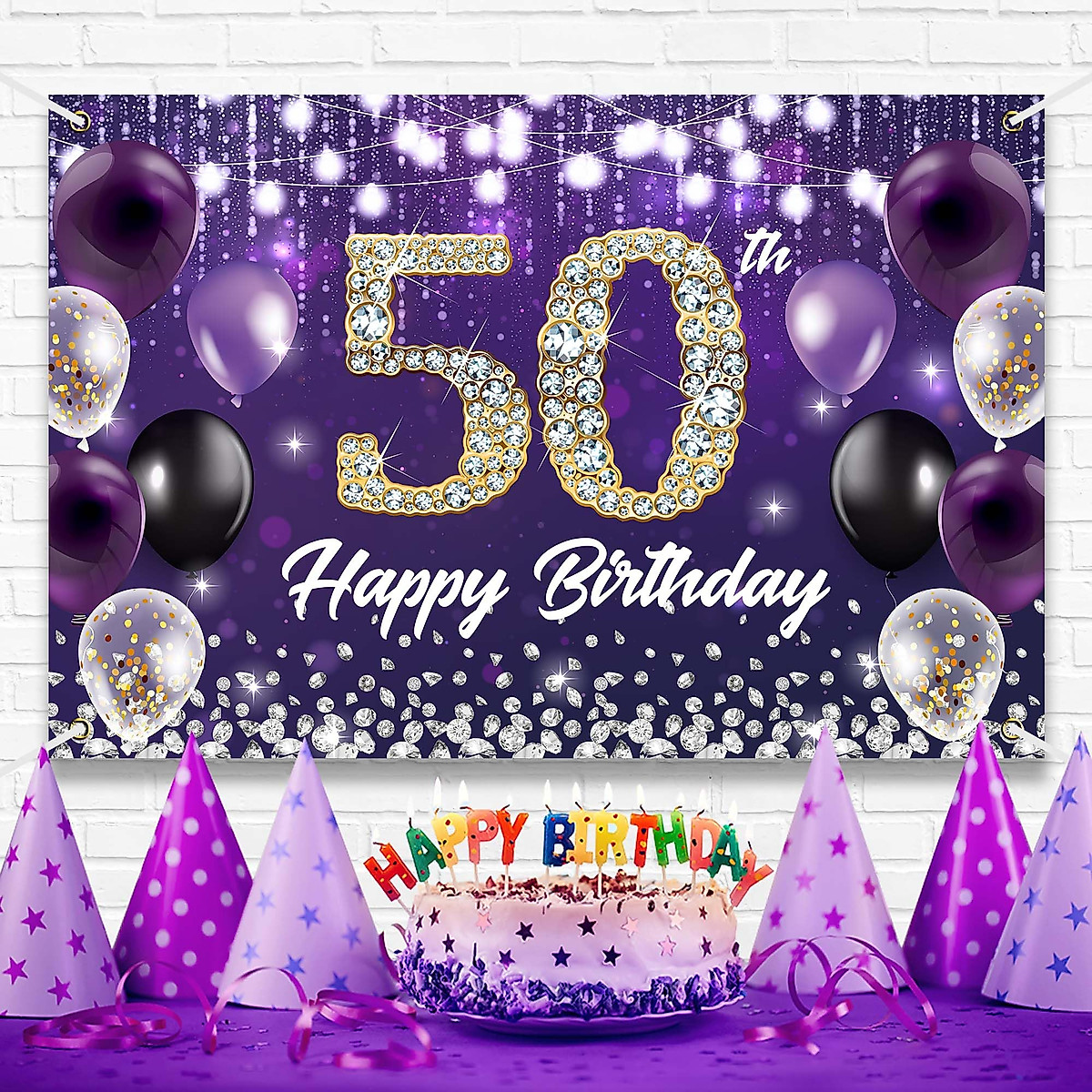 Happy 50th Birthday Backdrop Banner Purple Theme Background with Shiny Diamond Noble Elegant Birthday Party Photo Photography Prop Booth Background for Men Women Celebration 70.8x47.2in-BECKTEN